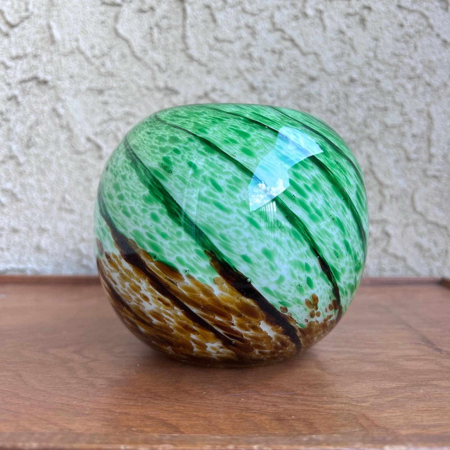Vintage Hand Blown Spatter Glass Sphere Vase in Green Brown and White ...