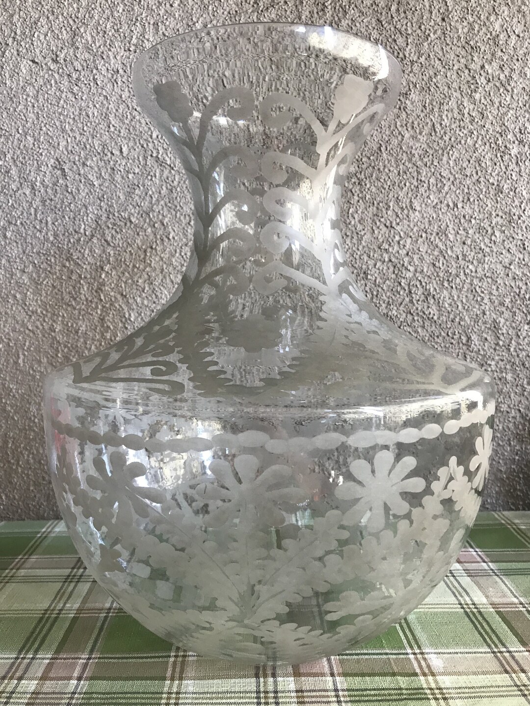 Large Vintage Glass Vase Hand Etched in Botanical Pattern - Etsy