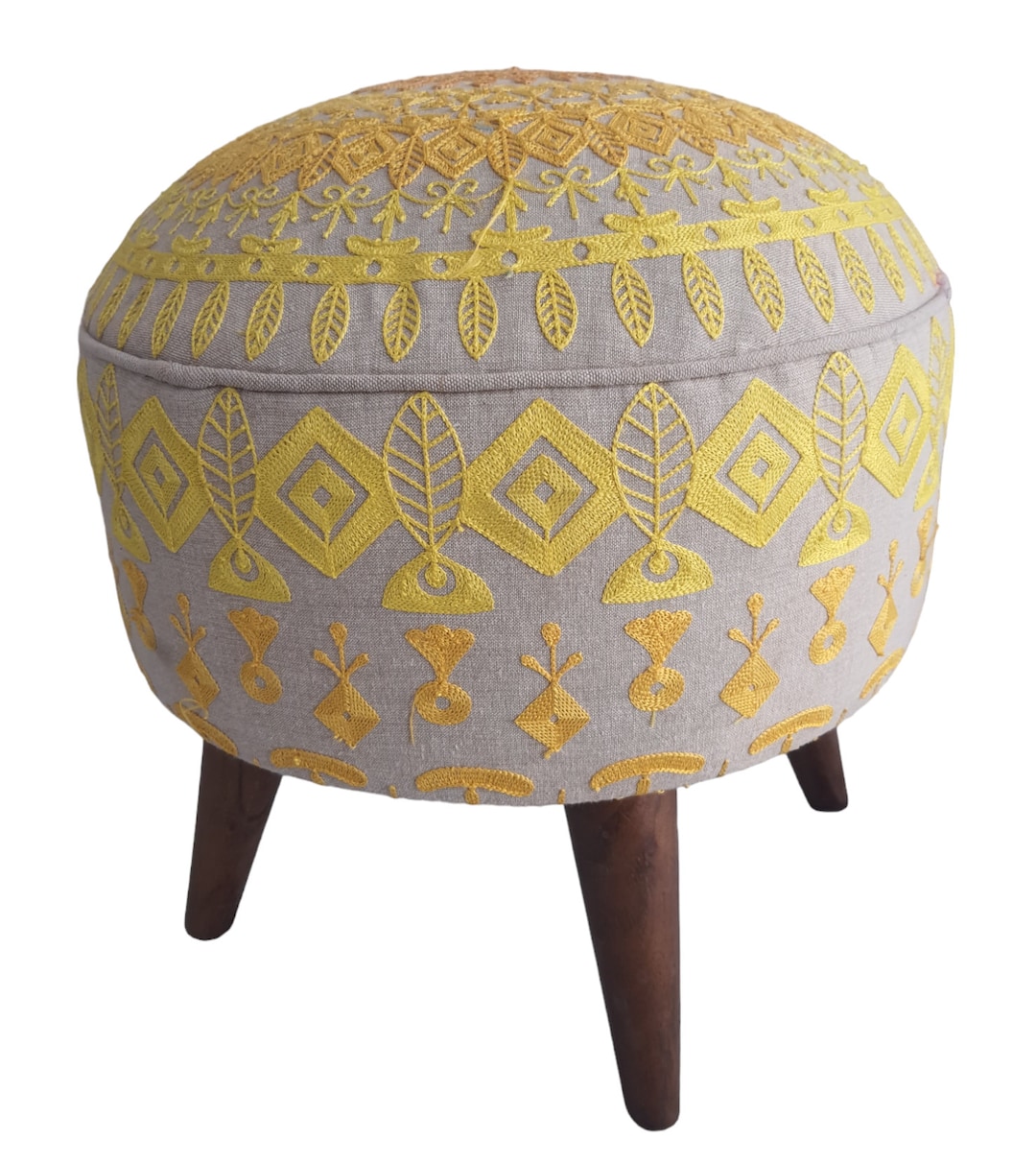 Indian Embroidered Footstool Round Pouf Stool Bedroom Pouf Footstool ...