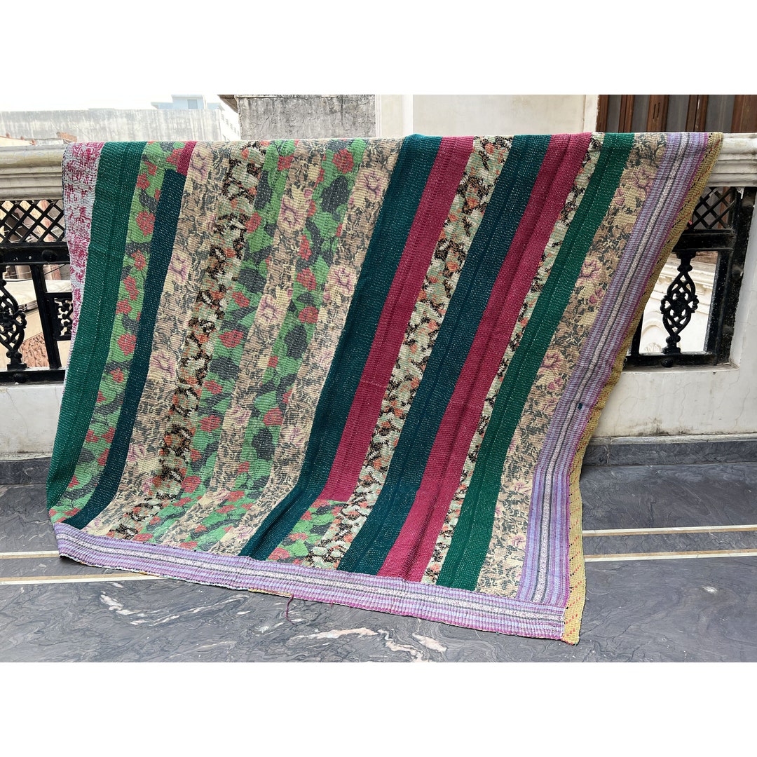 Authentic Indian Kantha Quilt Made From Recycled Vintage Saris, Crafted ...