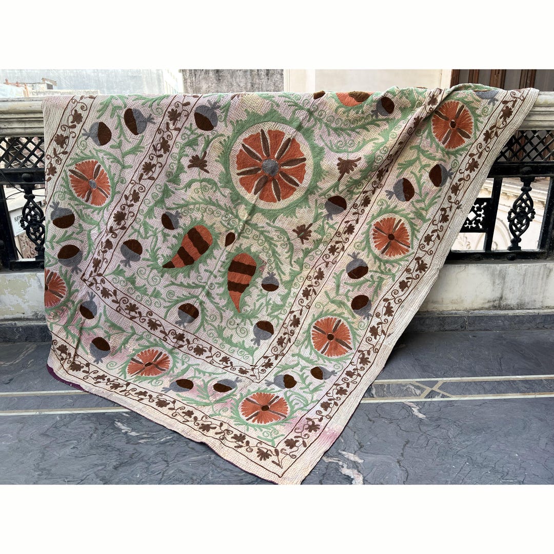 Vintage Suzani Kantha Quilt, Hand-stitched Indian Embroidered Throw - Etsy