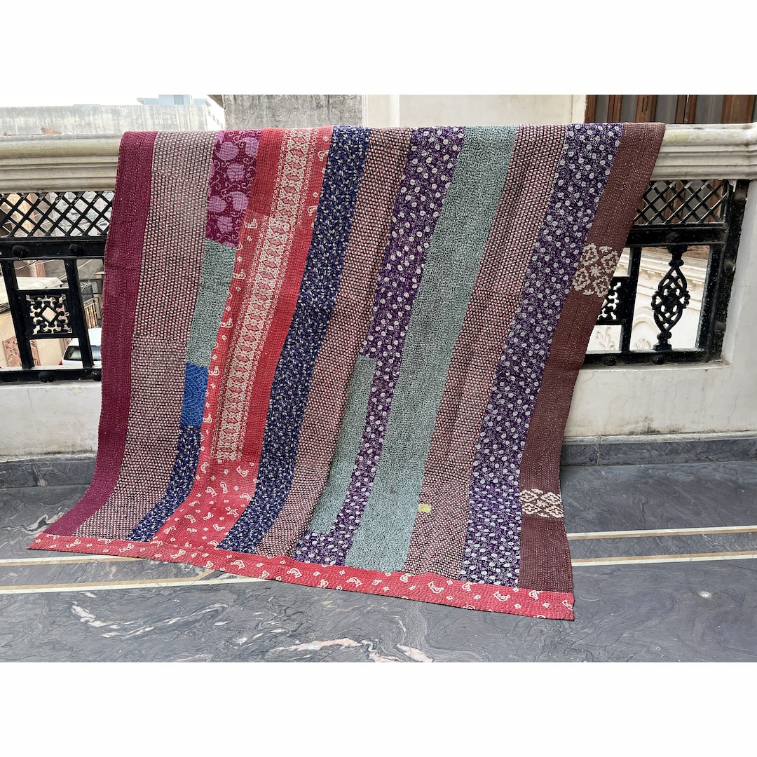 Authentic Indian Kantha Quilt Made From Recycled Vintage Saris, Crafted ...