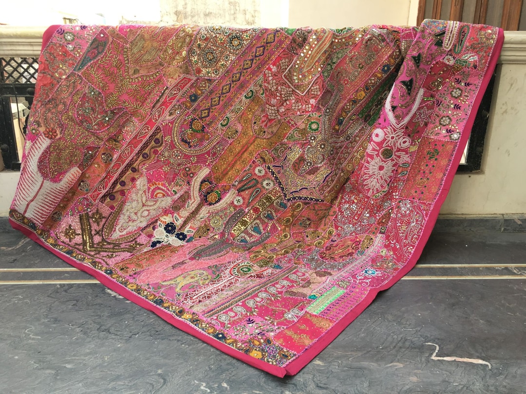 Pink Vintage Sari Patchwork Beaded Bedding,gypsy Sari Decor,bohemian ...