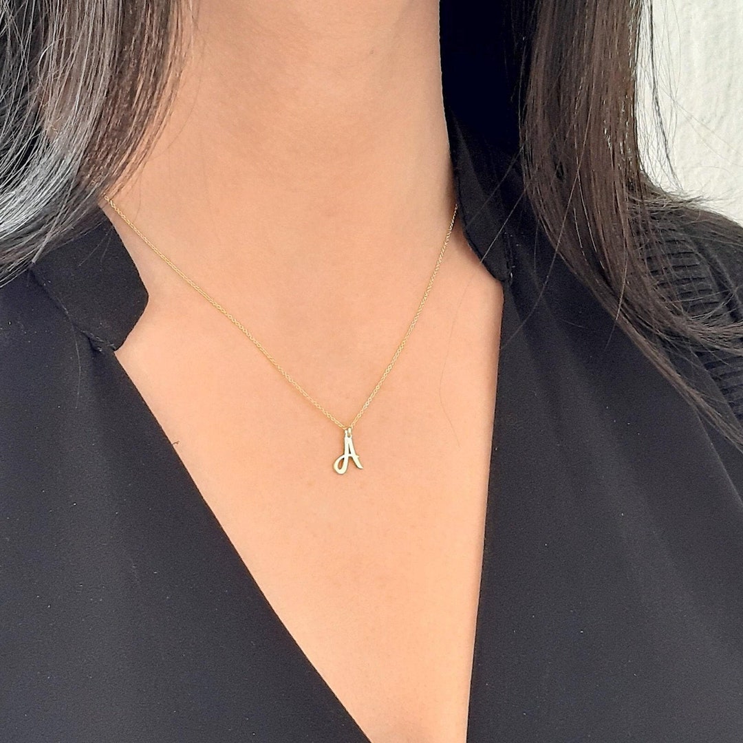 14K Solid Gold Cursive Initial Necklace - Custom Letter Necklace ...
