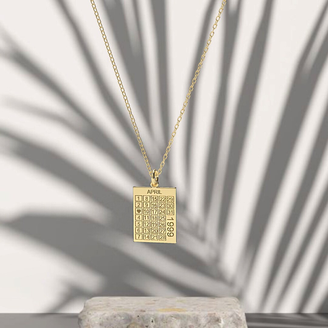 14K Real Gold Calendar Pendant, Personalized Birthday Necklace, Wedding ...
