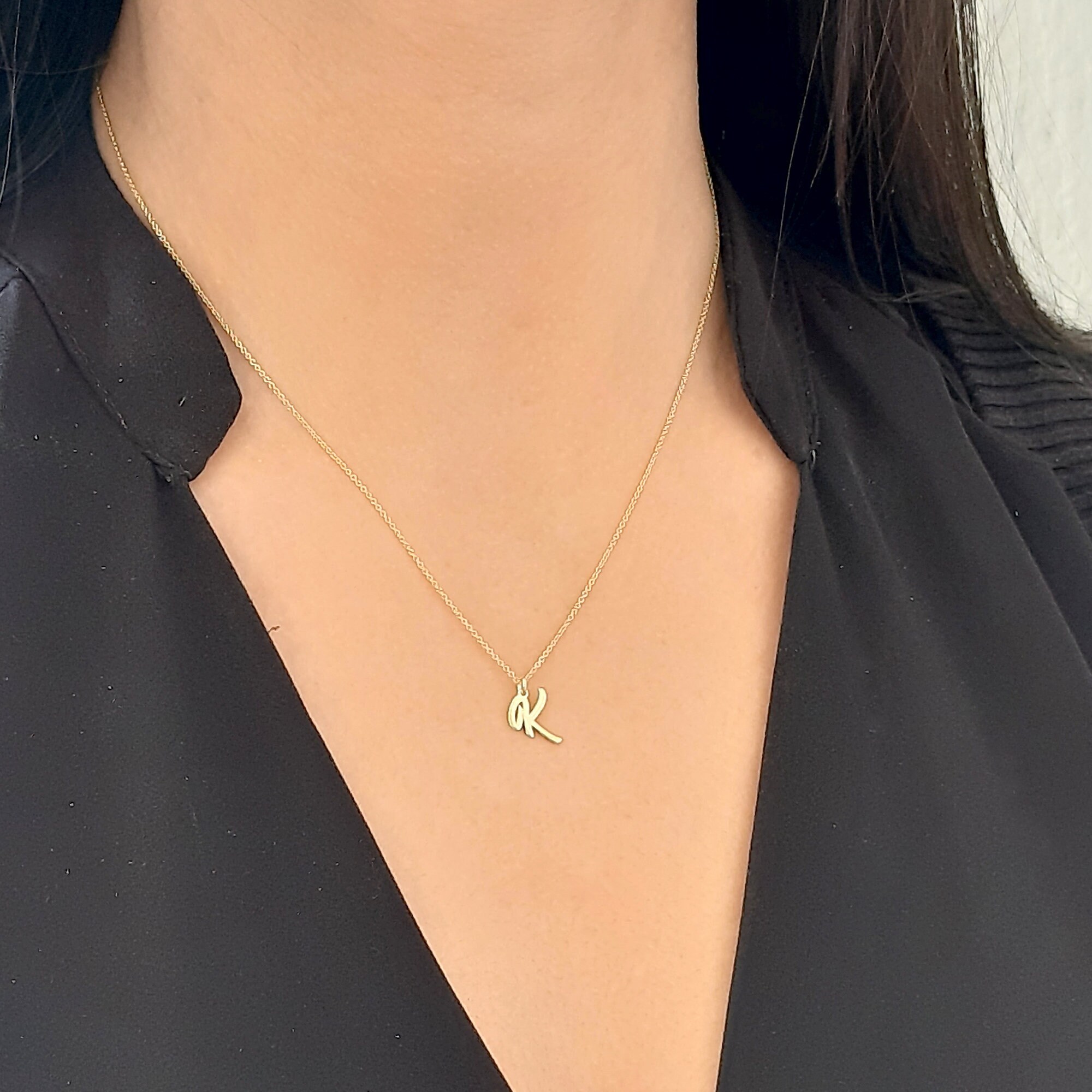 14K Solid Gold Script Letter Necklace Custom Letter Necklace | Etsy