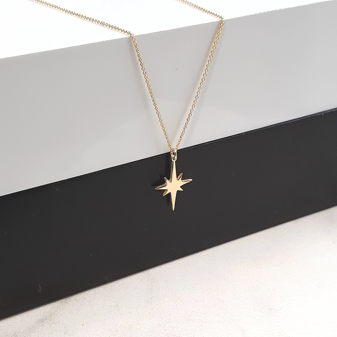 14K Solid Gold North Star Necklace , Celestial Star Pendant , Solid ...