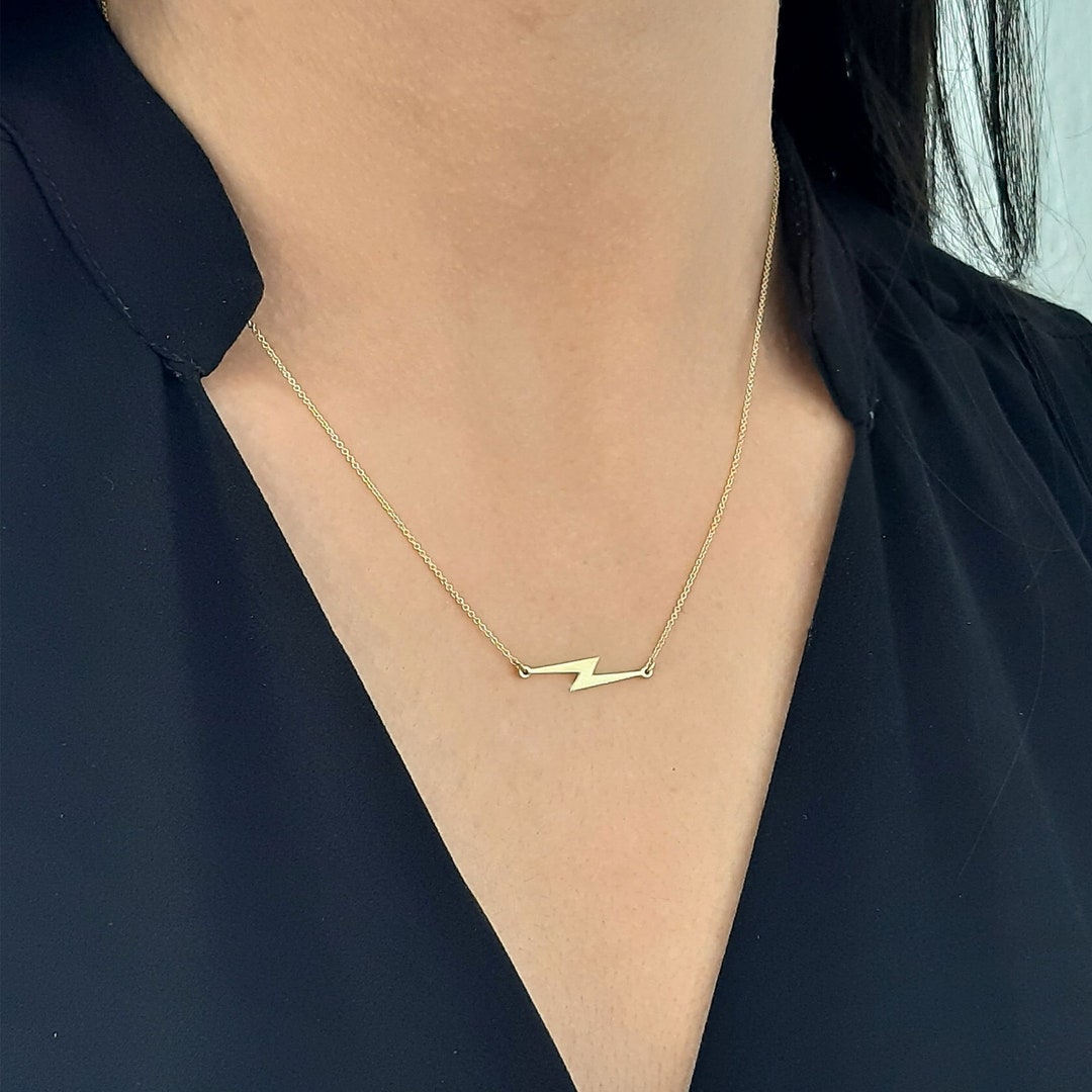 14k Solid Gold Lightning Bolt Necklace, Gold Choker Dainty Sideways ...