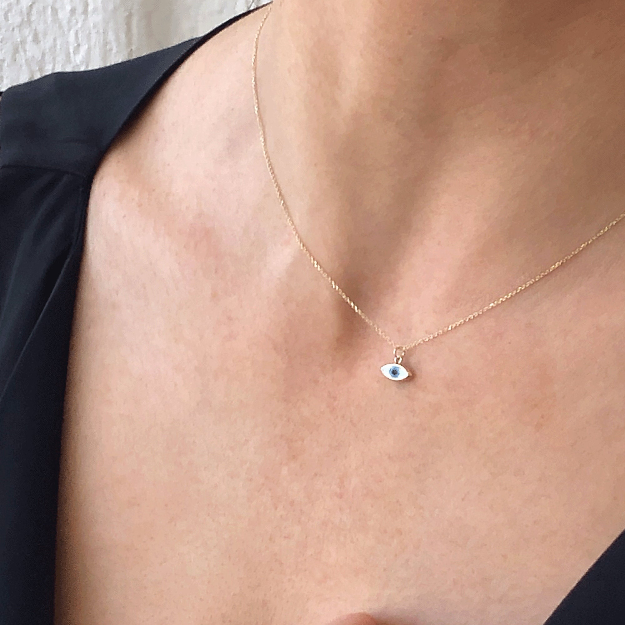Solid Gold 14k Evil Eye Necklace White Blue Evil Eye Penant | Etsy