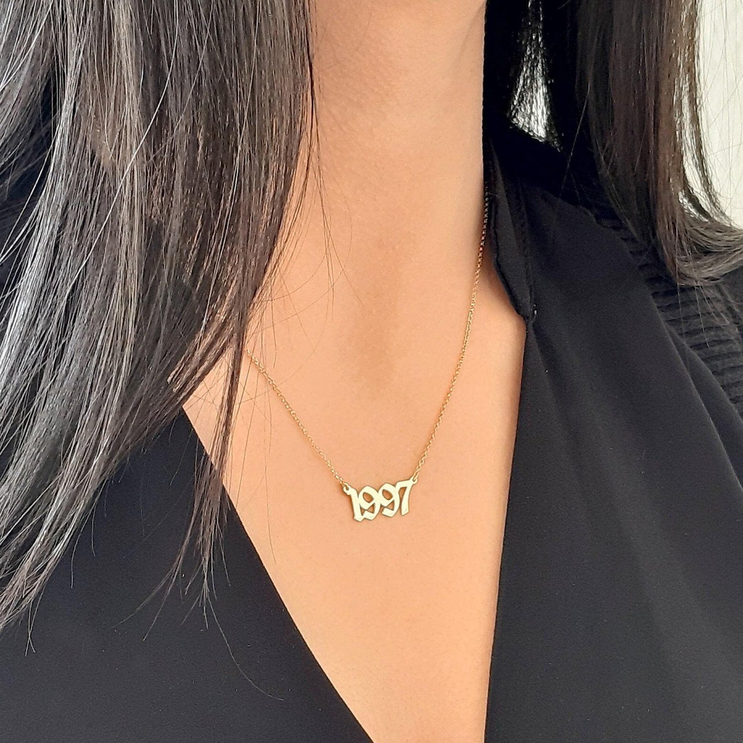 Old English Number Birthdate Necklace | 14K Gold Birth Date Necklace ...