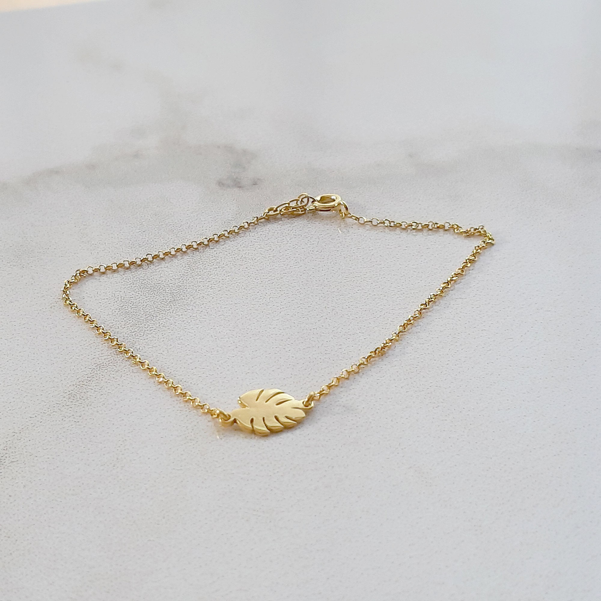 14K Solid Gold Monstera Flower Charm Bracelet 14K Gold | Etsy