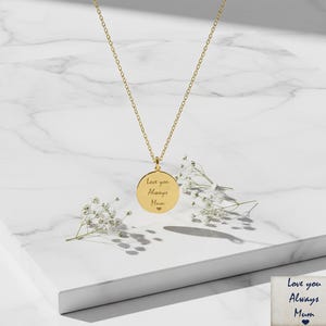 14K Solid Gold Engraved Disk Necklace, Custom Handwriting Necklace ...