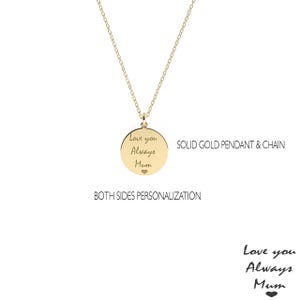 14K Solid Gold Engraved Disk Necklace, Custom Handwriting Necklace ...