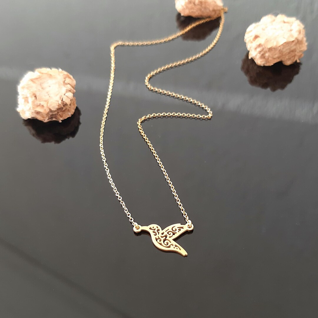 Collier colibri en or massif délicat, chaîne en or 14 carats, colibri ...
