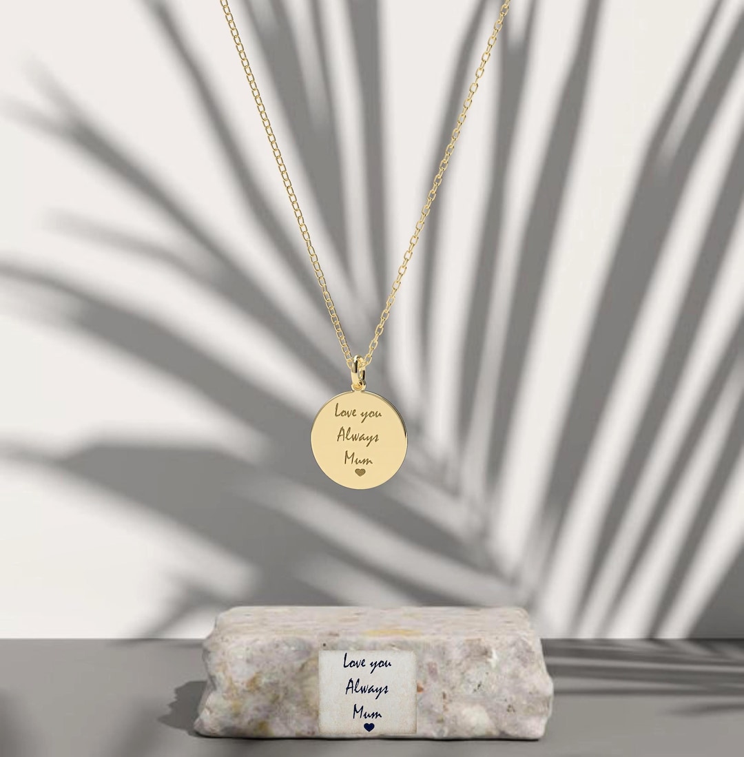 14K Solid Gold Engraved Disk Necklace, Custom Handwriting Necklace ...