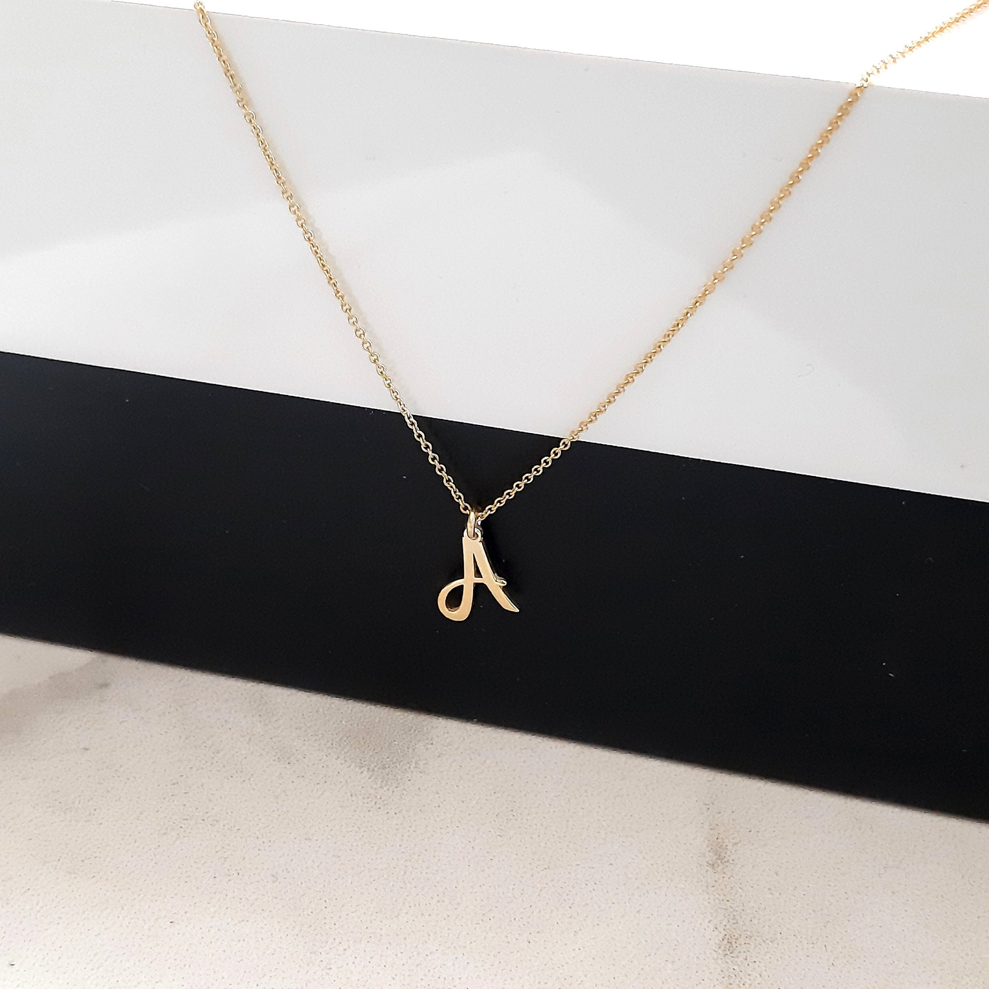 14K Solid Gold Cursive Initial Necklace Custom Letter - Etsy