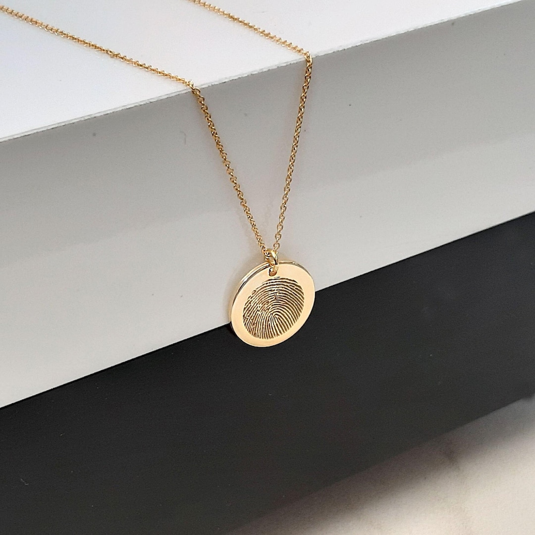 14K Solid Gold Fingerprint Necklace • Personalized Handwriting Disc - Etsy