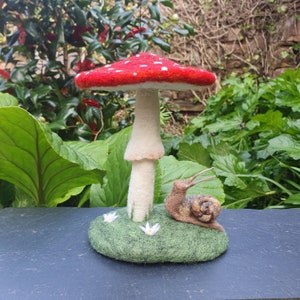 Needle Felted Mushroom With Snail - Felt Fly Agaric Toadstool Sculpture - Goblincore Fairy ...