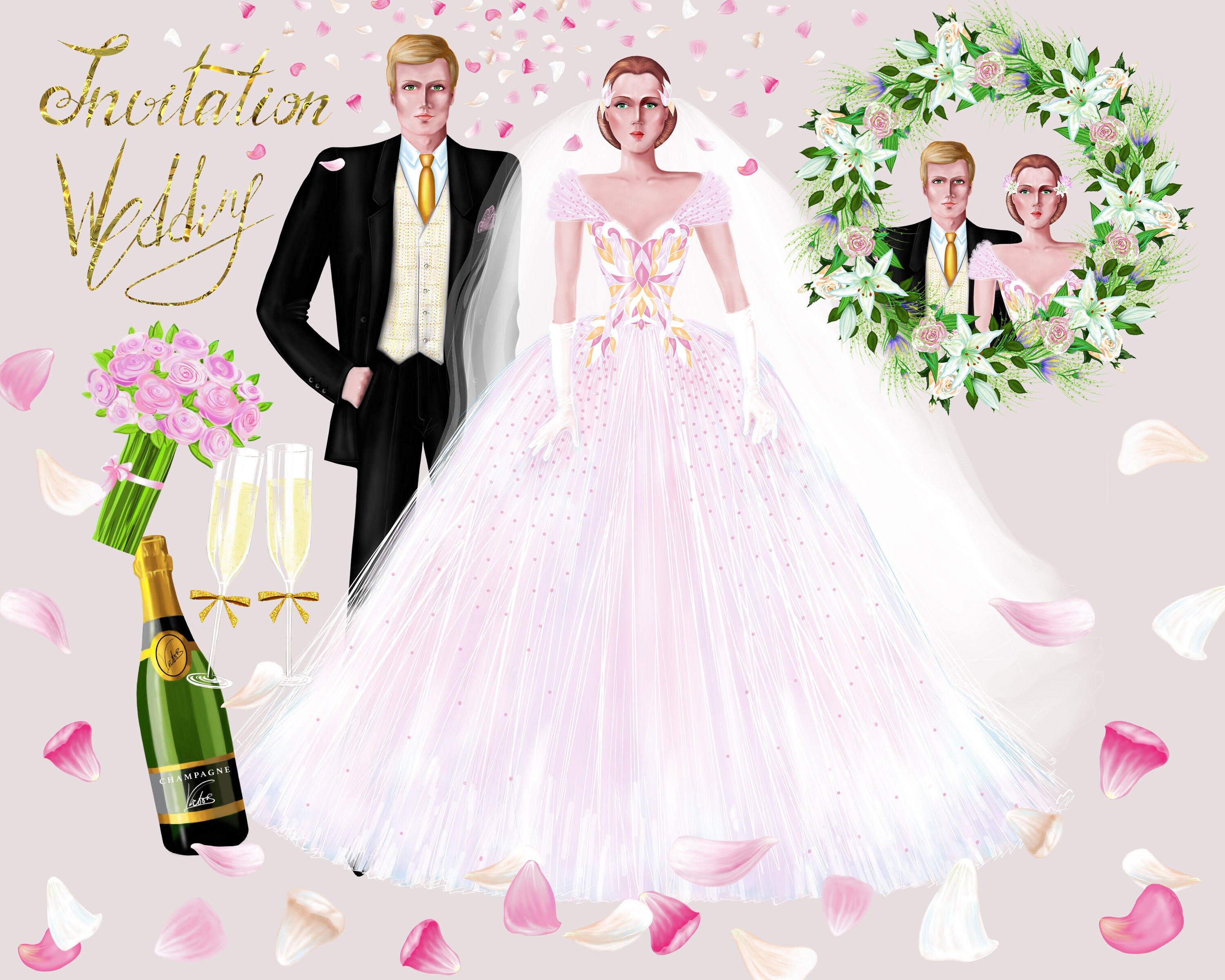 Wedding Clipart, Bride and Groom, Floral Scrapbooking, Invitation ...
