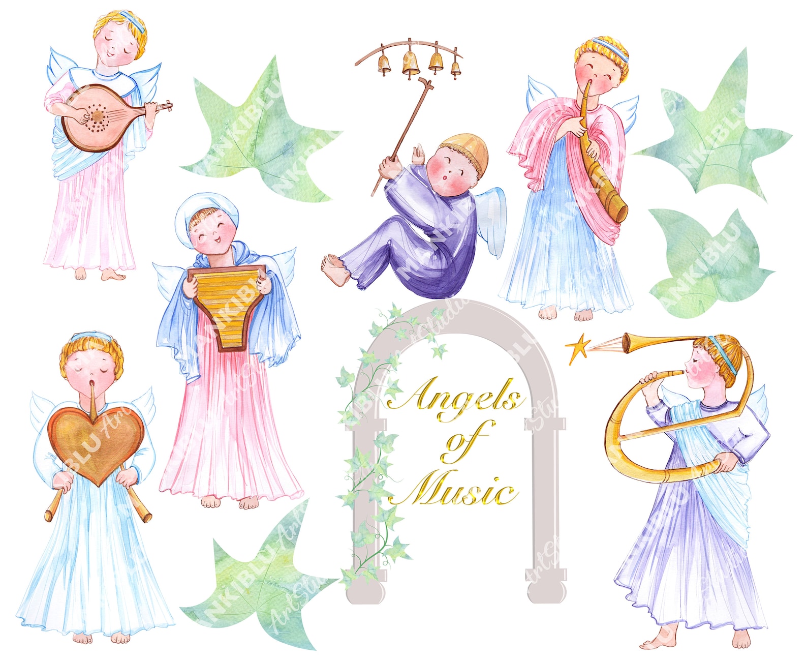 Watercolor Clipart "angels of Music", Wedding Clip Art, Mother Day ...