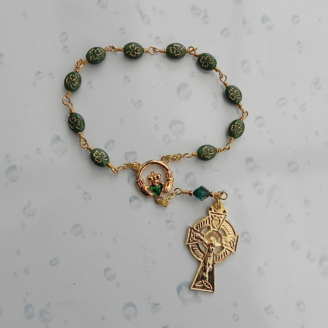 Irish Claddagh Decade Emerald Green & Gold Plated Rosary for Car or ...