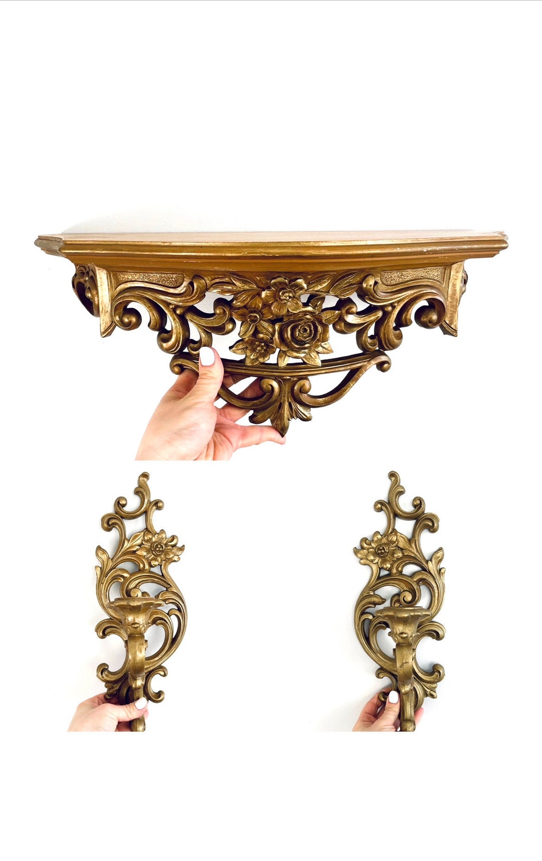Ornate Vintage Gold 3 Piece Syroco Wall Decor Set Shelf and Candle ...