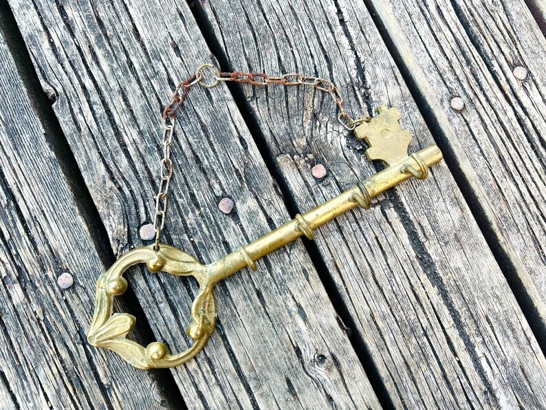 Vintage Brass Key Rack Holder Shape of Key With Chain - Etsy