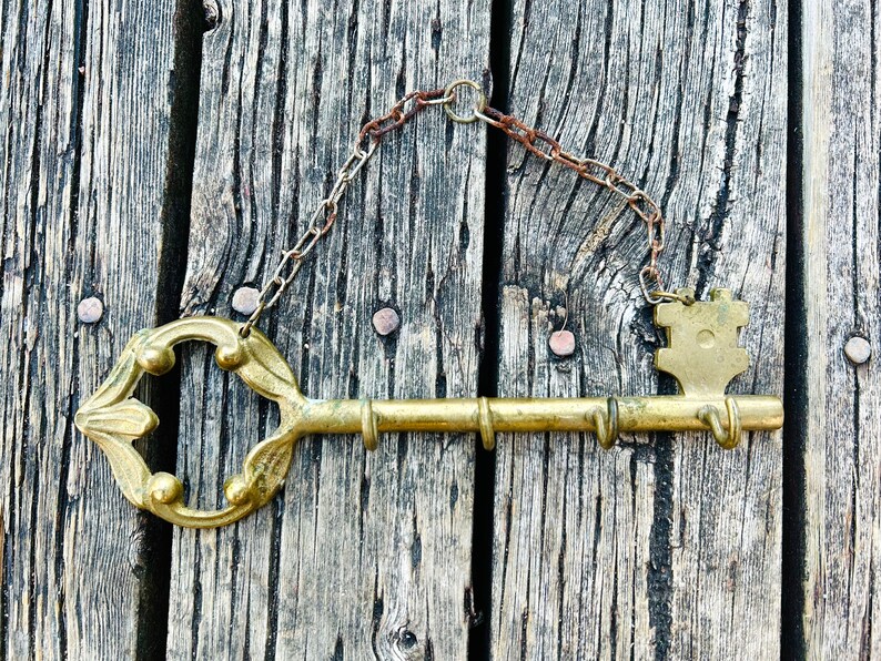 Vintage Brass Key Rack Holder Shape of Key With Chain - Etsy