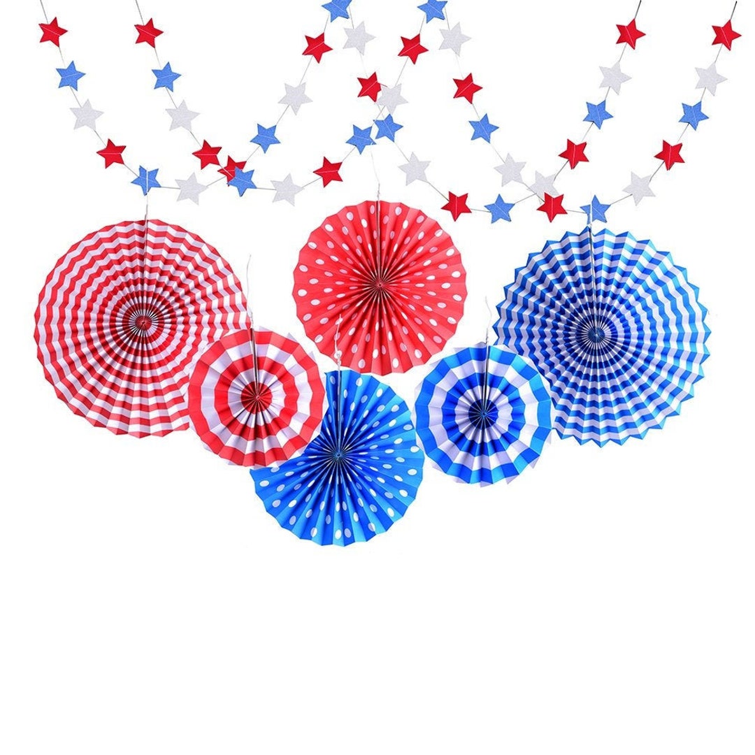 6 Paper Fan Welcome Home Patriotic Red White Blue Party Decor Rosette ...