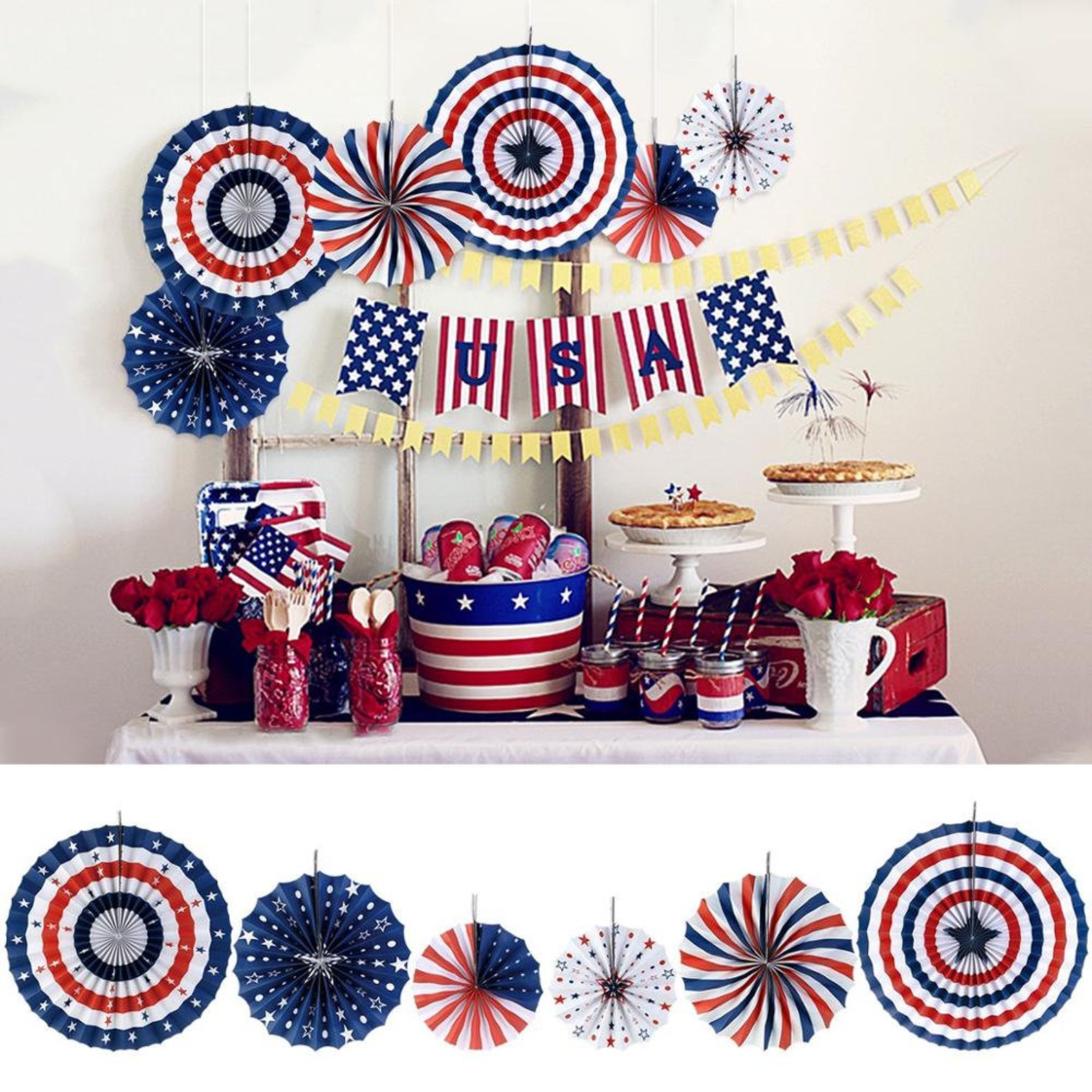 Set of 6 Colorful Patriotic Hanging Fans Pinwheel Fan Welcome - Etsy
