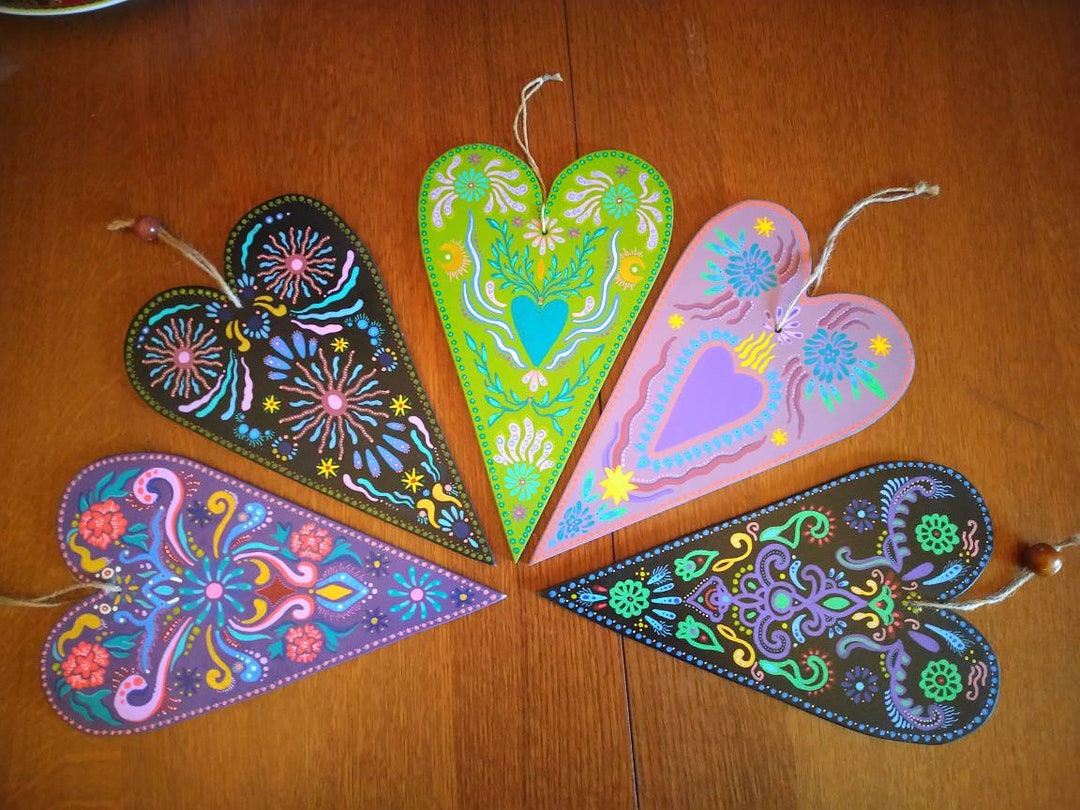 Hanging Wooden Hearts Hand Painted Handmade Posca Wall Decoration ...