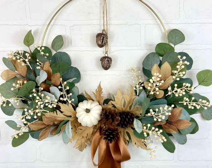 Neutral Fall White Berry Hoop Wreath,modern Fall White Pumpkin Front ...