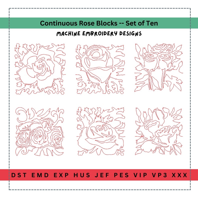 Continuous Line -rose Blocks -- Machine Embroidery Designs -- Set of ...