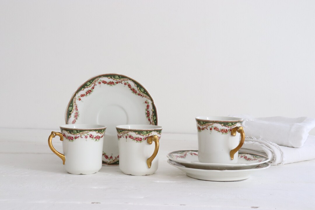 French Porcelain Limoges Coffee Cups and Saucers. Garlands of Roses ...