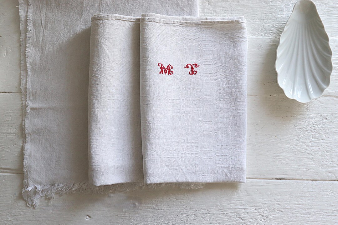 French Embroidered Torchon / Kitchen Tea Towel. Red Monogrammed Towel ...