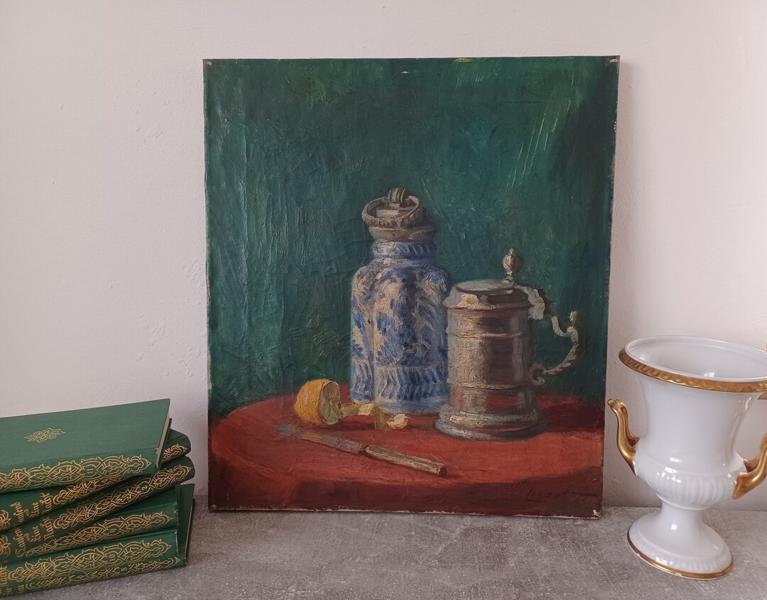 Antique Oil Painting Still Life With Pewter Jug and Screw-top Bottle ...