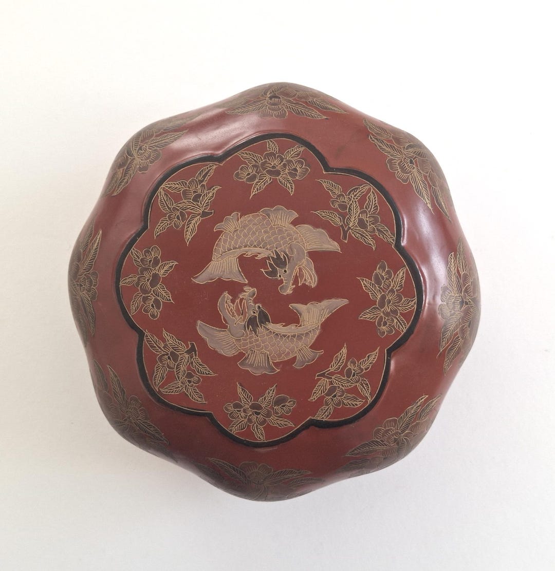 Antique Chinese Lacquer Work Gourd Box Tin Wood Red Lacquer Cherry ...