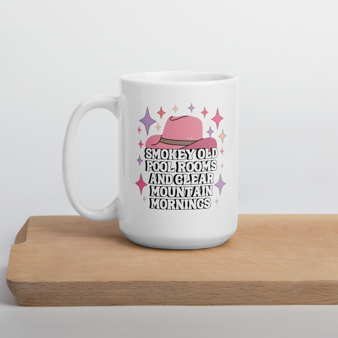 Smokey Old Pool Rooms and Clear Mountain Mornings White Pink Mug Retro ...