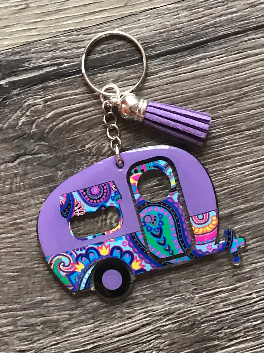 Camper Keychain, Glampimg Keychain. Camper Key Fob, Purple Keychain ...