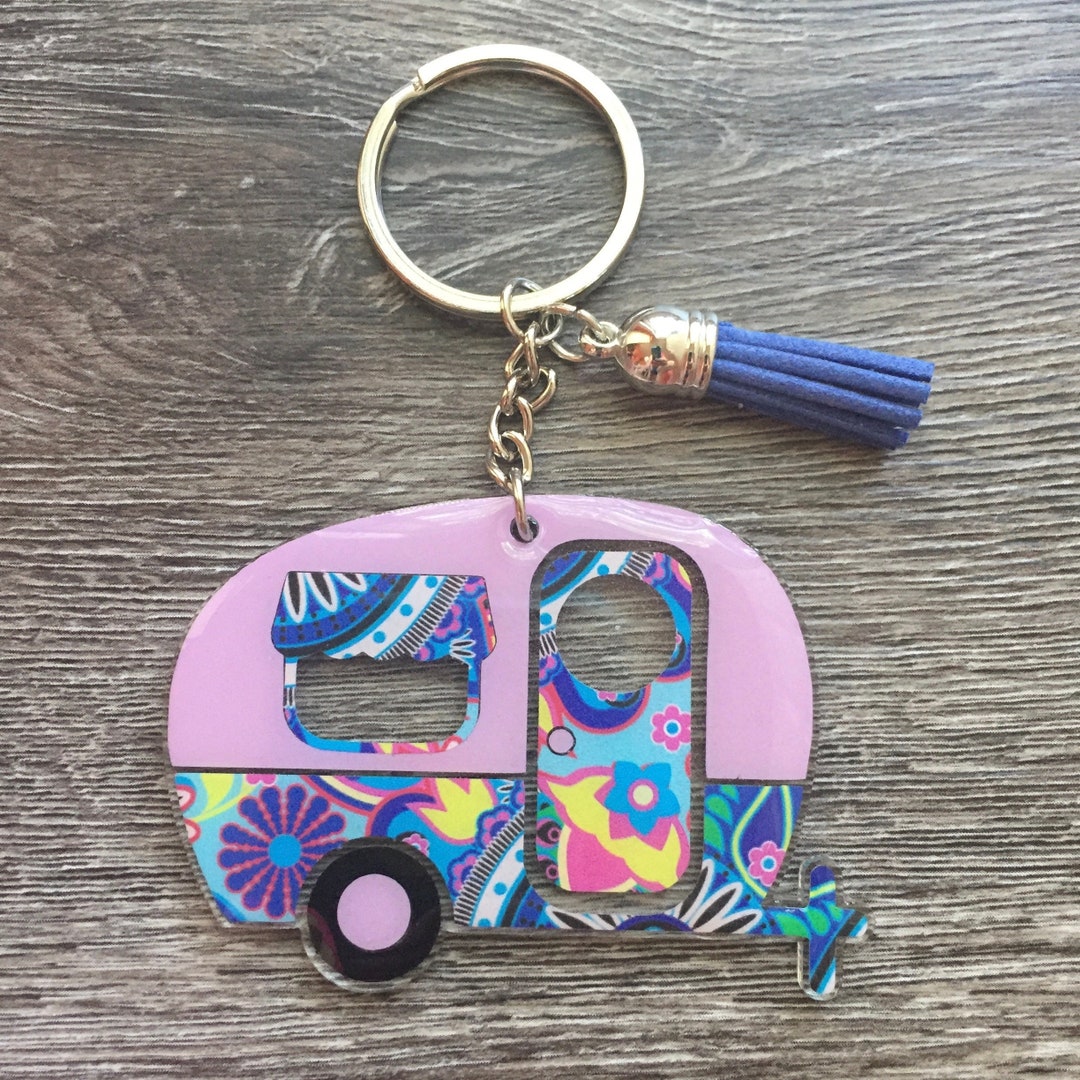 Leopard Camper Keychain, Glamping Keychain. Glitter Camper Key Fob ...