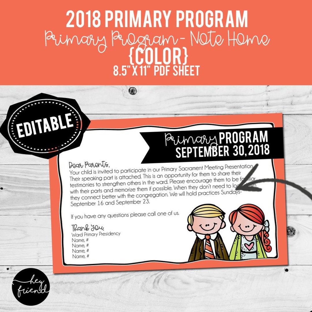 Primary Program Note Home- {color & Wide} - Etsy
