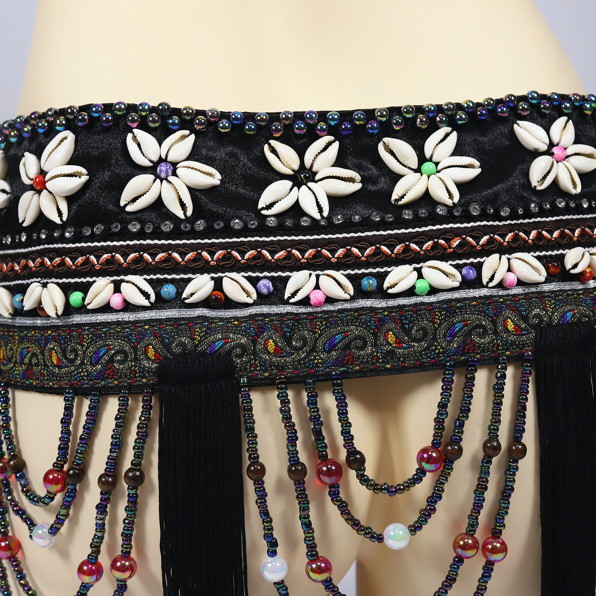 Black Vintage Tribal Belly Dance Shells Flower Belt with Long | Etsy