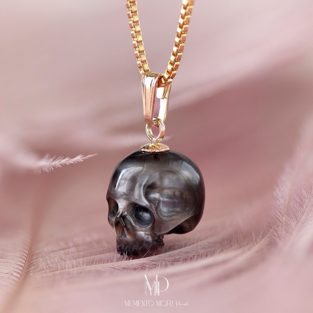 Black Pearl Skull Necklace Skull Pendant Carved Pearl Pendant Gothic ...