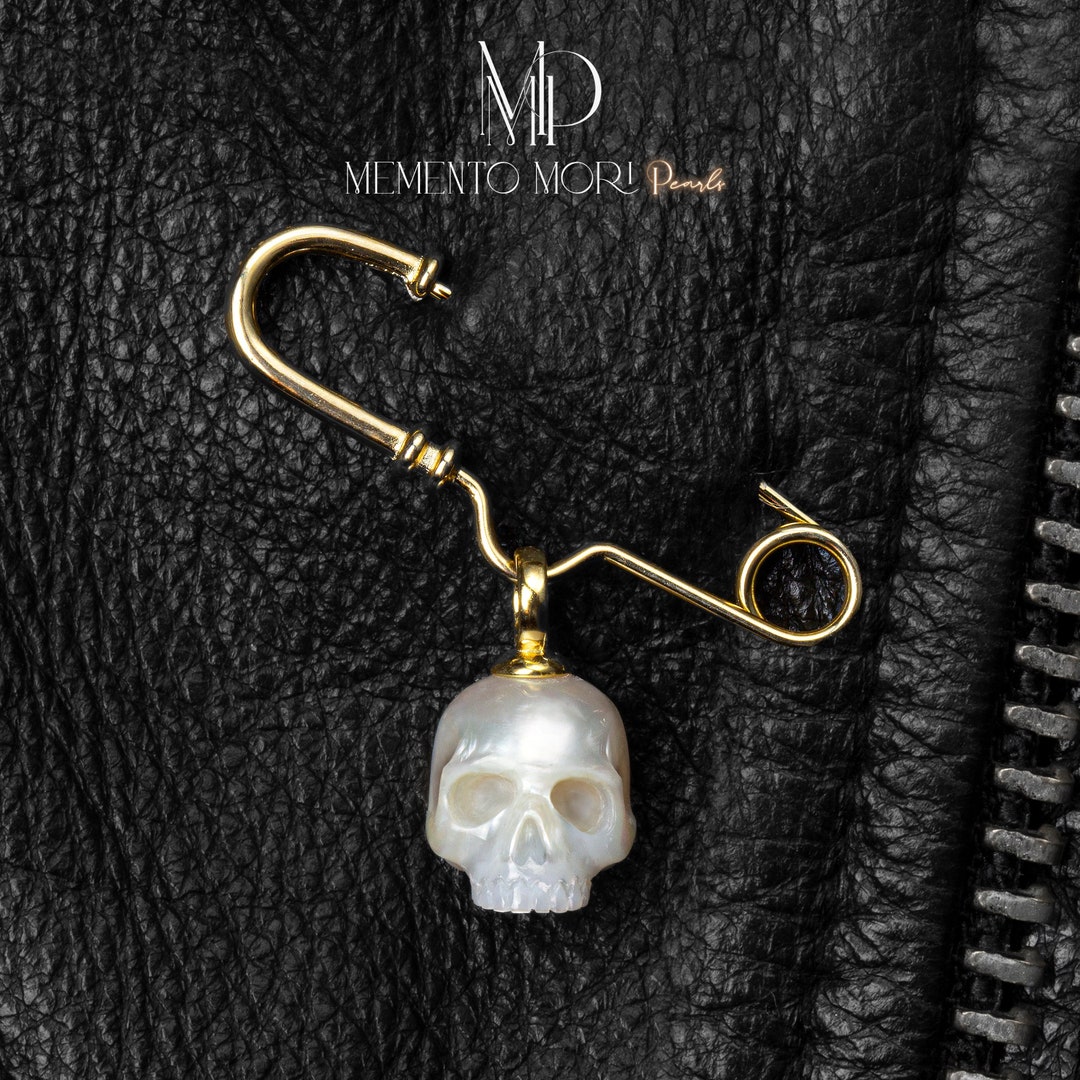 Pearl Skull Safety Pin Silver Brooch Skull Pendant Carved Pearl Pendant ...