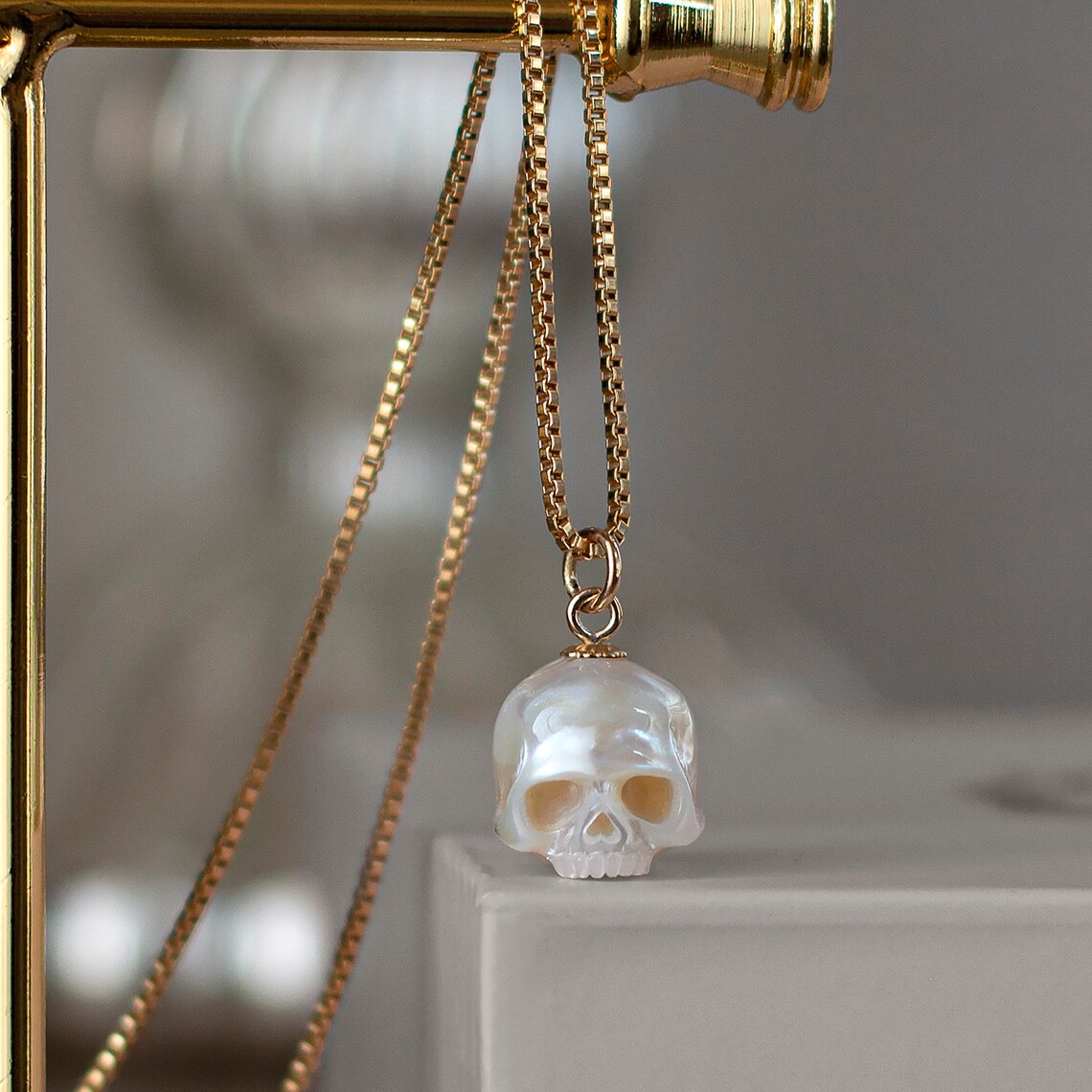 Pearl Skull Necklace 14k Gold Filled Skull Pendant Carved - Etsy