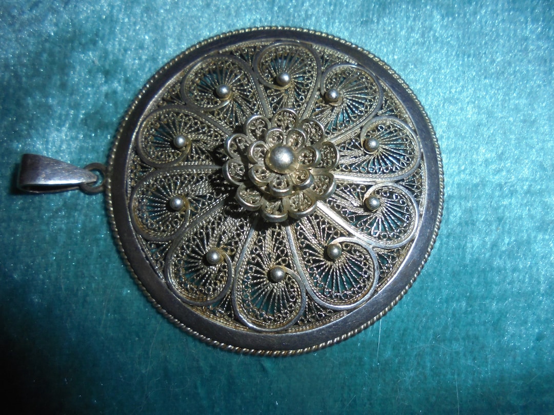Moroccan Jewelry, Fine Old Tiznit Silver Filigree Pendant, 2 3/4 ...
