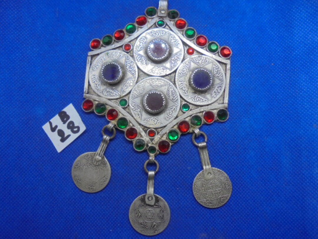 Moroccan Jewelry, Old Silver, Glass, Silver Coin Berber Pendant, 6 by 3 ...