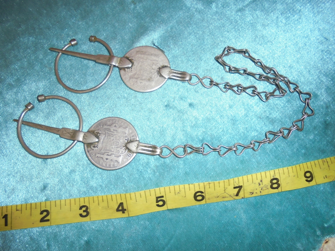 Moroccan Silver Coin Fibula Set. Old Spanish Coins, Handmade Chain, Big ...