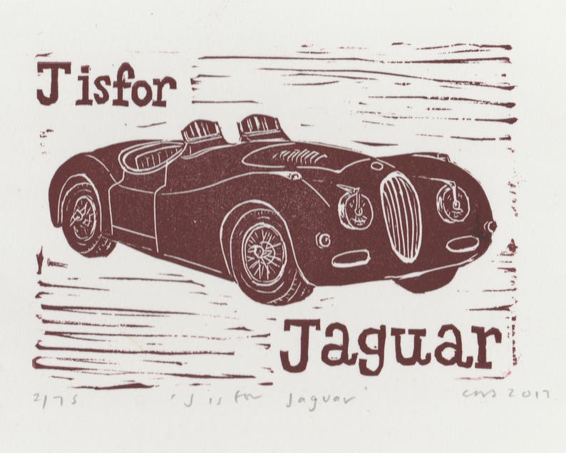 J is for Jaguar From My Linocut Alphabet of Classic Cars/motorcycles - Etsy