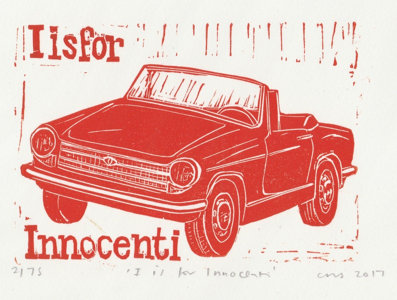 I is for Innocenti From My Linocut Alphabet Classic Cars/motorcycles - Etsy